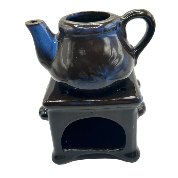 Accents | Ceramic Brown Blue Stove And Tea Kettle Tea Light Stove Tea ...